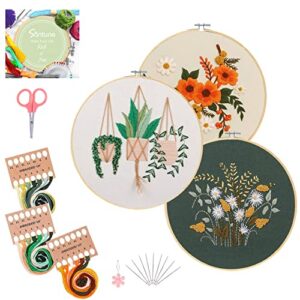 santune 3 sets embroidery starter kit with pattern and instructions, cross stitch set, stamped embroidery kits with 3 embroidery clothes with pattern, 1 embroidery hoops