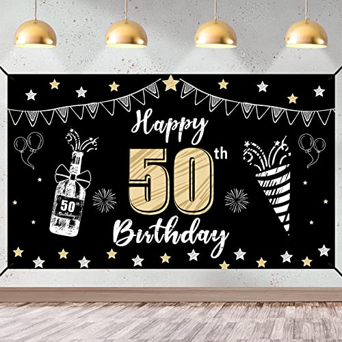 50th Birthday Banner Backdrop Decorations for Men Women, Black Gold Happy 50 Birthday Sign Party Supplies, Fifty Years Old Birthday Photo Background Poster Decor(72.8 x 43.3 Inch)