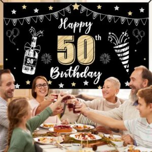 50th Birthday Banner Backdrop Decorations for Men Women, Black Gold Happy 50 Birthday Sign Party Supplies, Fifty Years Old Birthday Photo Background Poster Decor(72.8 x 43.3 Inch)