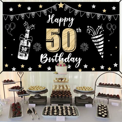 50th Birthday Banner Backdrop Decorations for Men Women, Black Gold Happy 50 Birthday Sign Party Supplies, Fifty Years Old Birthday Photo Background Poster Decor(72.8 x 43.3 Inch)