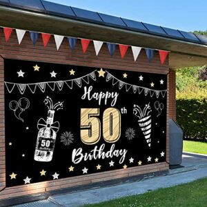 50th Birthday Banner Backdrop Decorations for Men Women, Black Gold Happy 50 Birthday Sign Party Supplies, Fifty Years Old Birthday Photo Background Poster Decor(72.8 x 43.3 Inch)