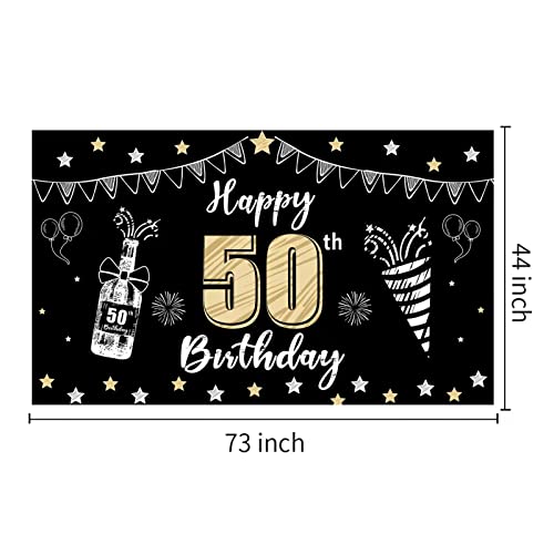 50th Birthday Banner Backdrop Decorations for Men Women, Black Gold Happy 50 Birthday Sign Party Supplies, Fifty Years Old Birthday Photo Background Poster Decor(72.8 x 43.3 Inch)