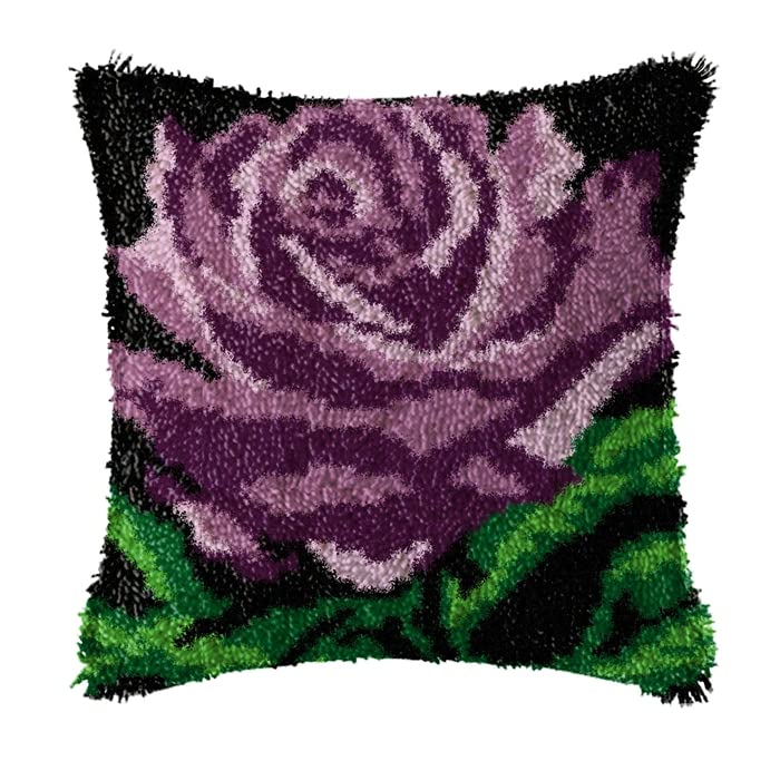 Purple Rose Latch Hook Kits Pillow Crochet Yarn Rug Pre-Printed Cushion DIY Needlework Pillowcase Hook and Latch Kit Christmas Home Sofa Decoration 43x43cm