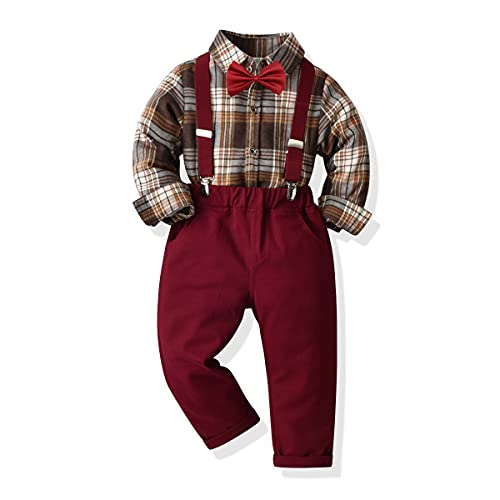 Technorox Toddler Boys Dress Clothes Set Bow Tie Flannel Plaid Shirts + Suspender Burgundy Pants Baby Gentleman Outfits Suit