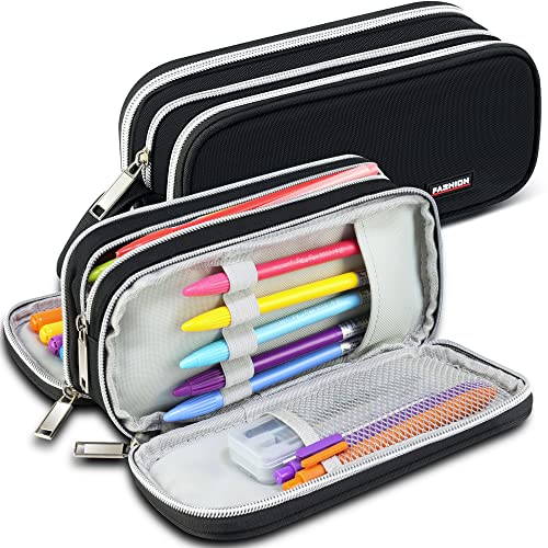 HOOMIL Large Pencil Case, Big Capacity Pencil Pouch 3 Compartments Waterproof Portable Stationery Bag with Zipper for School Office Boys Girls Teens Adults- Black