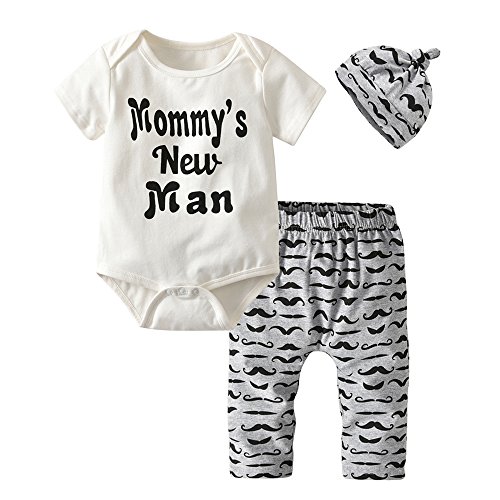 Eghunooy 3Pcs Baby Boys Clothes Mommy's New Man Romper Moustache Pants Hat Outfits Set (0-3 Months)