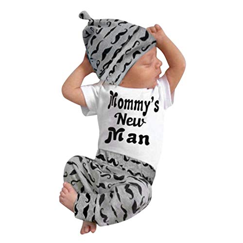 Eghunooy 3Pcs Baby Boys Clothes Mommy's New Man Romper Moustache Pants Hat Outfits Set (0-3 Months)