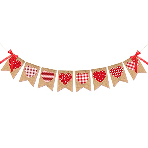 Valentine's Day Banners Valentine Burlap Banner Heart Burlap Banner Heart Banner Garland Valentines Day Decorations with Bows for Wedding Anniversary Birthday Party Decorations Supplies