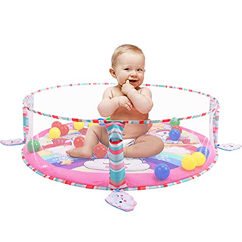 BATTOP Baby Play Mat Activity Gym,4-in-1 Play Gym with Ball Pit,Sensory Toys,Mirror,Head Rest,Cognitive Development Baby Activity Play Mat,Non Slip Tummy Time Mat for Newborns,Babies,Toddlers（Pink）