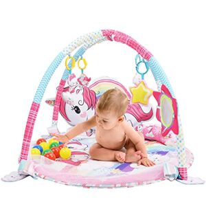 BATTOP Baby Play Mat Activity Gym,4-in-1 Play Gym with Ball Pit,Sensory Toys,Mirror,Head Rest,Cognitive Development Baby Activity Play Mat,Non Slip Tummy Time Mat for Newborns,Babies,Toddlers（Pink）