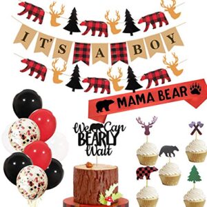 lumberjack baby shower set banner buffalo plaid rustic hunter theme it’s a boy camping bear baby shower cake topper decorations supplies lumberjack gender reveal banner