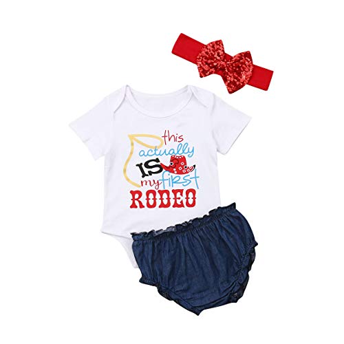 Newborn Baby Girls My First Rodeo Outfits Short Sleeve Letter Printed Romper Tops Denim Shorts Headband Set 0-18M(3-6M,White)