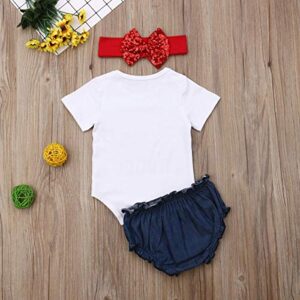 Newborn Baby Girls My First Rodeo Outfits Short Sleeve Letter Printed Romper Tops Denim Shorts Headband Set 0-18M(3-6M,White)