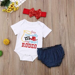 Newborn Baby Girls My First Rodeo Outfits Short Sleeve Letter Printed Romper Tops Denim Shorts Headband Set 0-18M(3-6M,White)