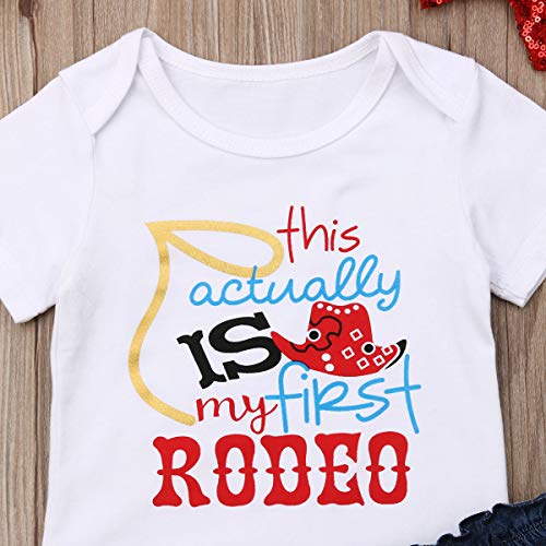 Newborn Baby Girls My First Rodeo Outfits Short Sleeve Letter Printed Romper Tops Denim Shorts Headband Set 0-18M(3-6M,White)