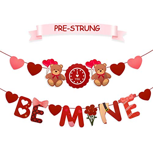 Be Mine Valentine Banner Red and Pink Heart Banner Valentine's Day Garland Party Decorations Heart Rose Bear Valentines Day Hanging Banner Hearts Garland for Wedding Party Home Valentines Decorations