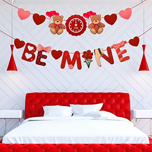 Be Mine Valentine Banner Red and Pink Heart Banner Valentine's Day Garland Party Decorations Heart Rose Bear Valentines Day Hanging Banner Hearts Garland for Wedding Party Home Valentines Decorations