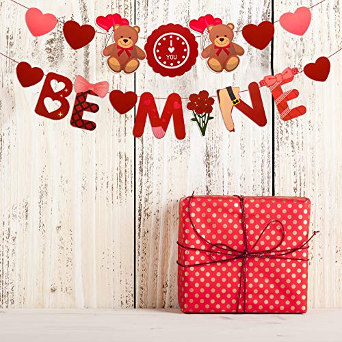 Be Mine Valentine Banner Red and Pink Heart Banner Valentine's Day Garland Party Decorations Heart Rose Bear Valentines Day Hanging Banner Hearts Garland for Wedding Party Home Valentines Decorations