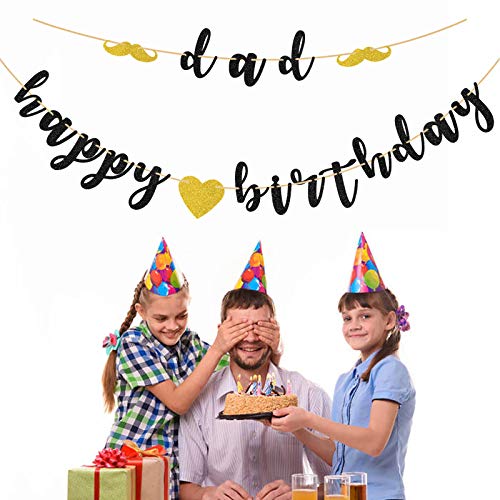 INNORU Glitter Happy Birthday Dad Banner for Father's Day Bunting - Dad's Birthday - Thannk You Party - Father Birthday Party Decorations Supplies Black Gold