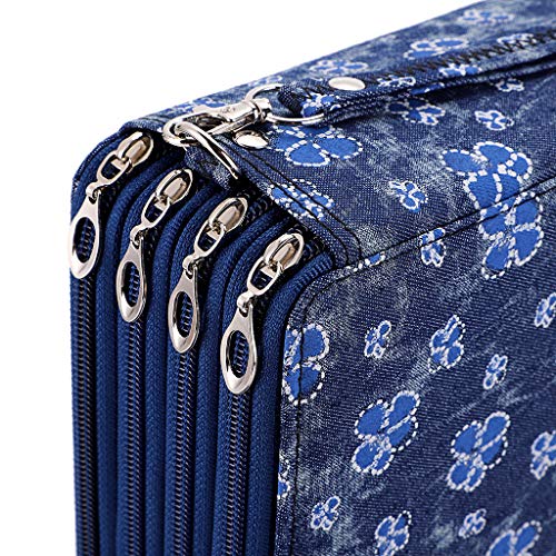 BTSKY Colored Pencil Case- 200 Slots Pencil Holder Pen Bag Large Capacity Pencil Organizer with Handle Strap Handy Colored Pencil Box with Printing Pattern Blue Flower