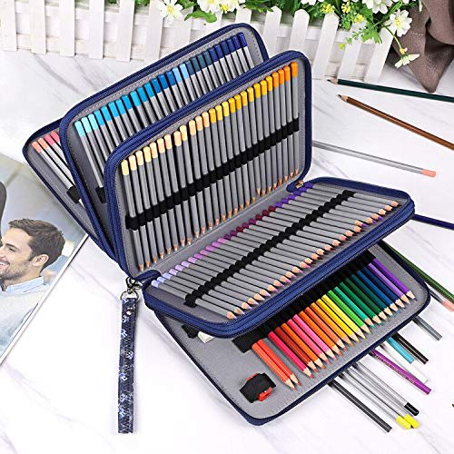 BTSKY Colored Pencil Case- 200 Slots Pencil Holder Pen Bag Large Capacity Pencil Organizer with Handle Strap Handy Colored Pencil Box with Printing Pattern Blue Flower