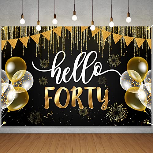 Hello Forty Banner Happy 40th Birthday Backdrop Decorations Black Gold 40 Years Old Background Bday for Women Men Photography Party Decor Supplies