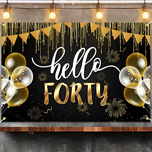 Hello Forty Banner Happy 40th Birthday Backdrop Decorations Black Gold 40 Years Old Background Bday for Women Men Photography Party Decor Supplies