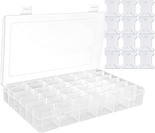 36 Grids Clear Plastic Organizer Box Storage Container Jewelry Box with Adjustable Dividers for Beads Art Crafts Jewelry Fishing Tackles with 12 Floss bobbins