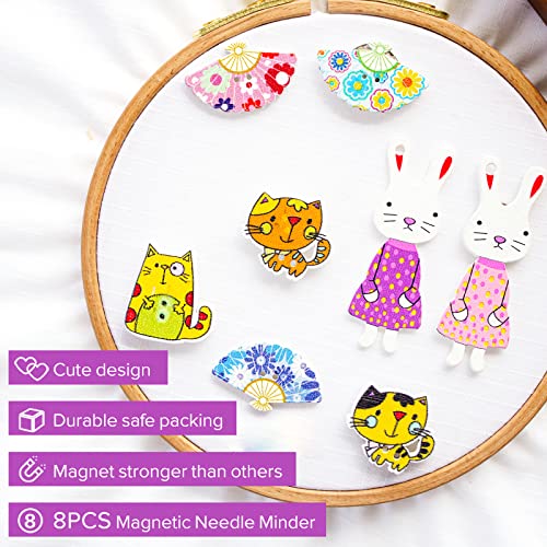 8pcs Needle Minder for Cross Stitch,Sewing Magnetic Needle Keeper,Cute Cat&Rabbit Cartoon Pin,Needle Holder for Embroidery,Needlework Storage Accessory, Gift for Cross Stitch Lover（3-Needle）