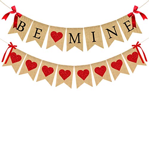 Be Mine Banner Red Glitter Heart Banner Garland Romantic Decorations Burlap Bunting Photo Props Valentine's Day Decorations for Wedding Engagement Home Party Fireplace Mantle Decoration