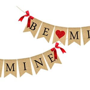 Be Mine Banner Red Glitter Heart Banner Garland Romantic Decorations Burlap Bunting Photo Props Valentine's Day Decorations for Wedding Engagement Home Party Fireplace Mantle Decoration