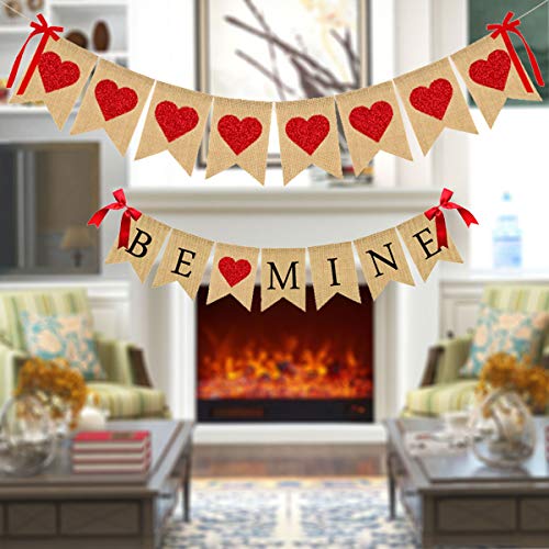 Be Mine Banner Red Glitter Heart Banner Garland Romantic Decorations Burlap Bunting Photo Props Valentine's Day Decorations for Wedding Engagement Home Party Fireplace Mantle Decoration