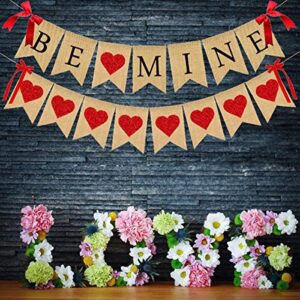 Be Mine Banner Red Glitter Heart Banner Garland Romantic Decorations Burlap Bunting Photo Props Valentine's Day Decorations for Wedding Engagement Home Party Fireplace Mantle Decoration