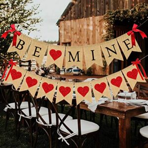 Be Mine Banner Red Glitter Heart Banner Garland Romantic Decorations Burlap Bunting Photo Props Valentine's Day Decorations for Wedding Engagement Home Party Fireplace Mantle Decoration