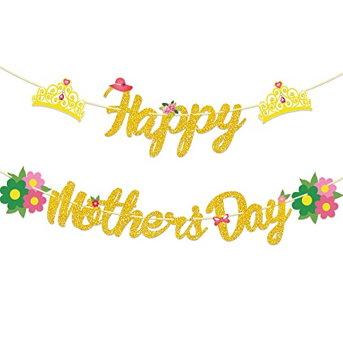 Partyprops Happy Mother's Day Banner Gold Glitter - Mother's Day Decorations - Mothers Day Party Decorations - Mother's Day Bunting Banner - Mothers Day Garlands - Mothers Day Family Photo Backdrop