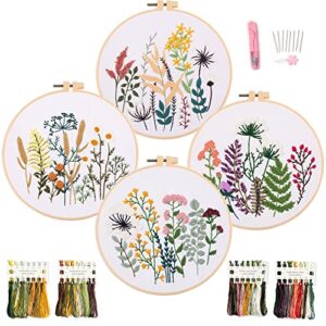 silentsea embroidery kits, 4 sets of floral embroidery kits, including embroidery fabric with patterns, embroidery thread, hoops, needles and instructions