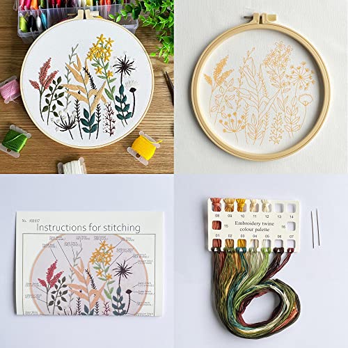 Silentsea Embroidery Kits, 4 Sets of Floral Embroidery Kits, Including Embroidery Fabric with Patterns, Embroidery Thread, Hoops, Needles and Instructions