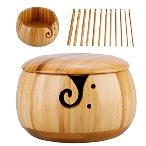 durable wooden yarn storage bowls with lid & 12 pcs bamboo handle crochet hook, wood yarn knitting holder basket for crocheting for wool ball, handmade craft crochet kit organizer