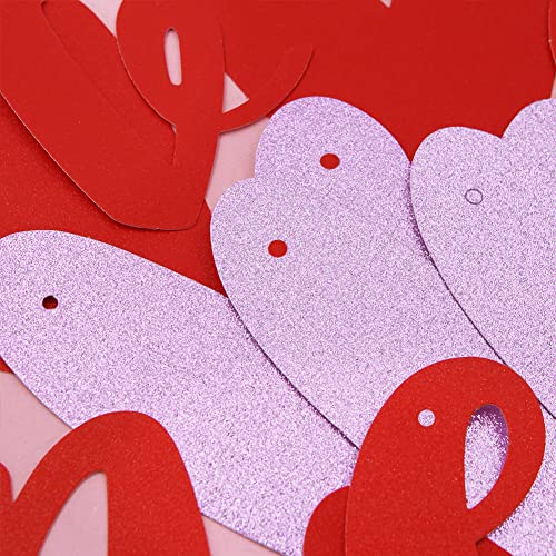 Red Glitter Happy Valentines Day Banner and Red Pink Hearts Garland For Girls Women Valentine's Day Theme Romantic Wedding Anniversary Engagement Bridal Shower Party Supplies Glitter Decorations