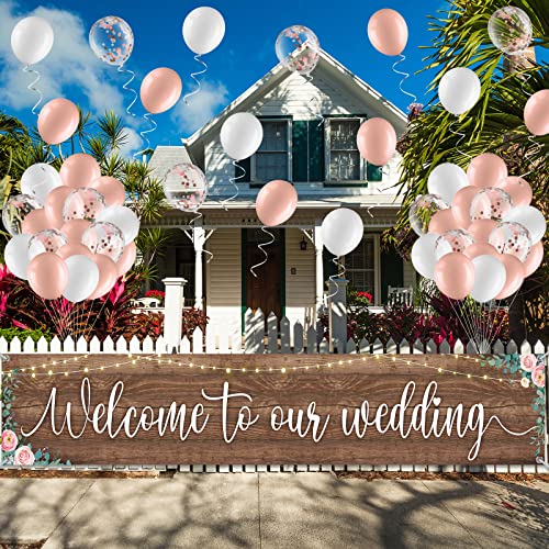 Charnoel 31 Pcs Welcome to Our Wedding Decoration 9.84 x 1.64 ft Wedding Banner and Wedding Balloons Rustic Bridal Reception