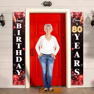 Happy 80th Birthday Porch Sign Door Banner Decor Red and Black – Glitter Cheers to 80 Years Old Birthday Party Theme Decorations for Men Women Supplies