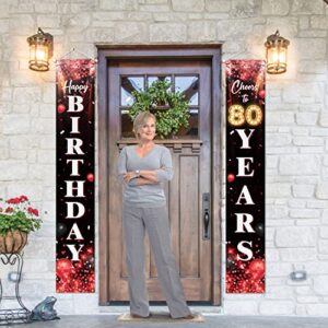 Happy 80th Birthday Porch Sign Door Banner Decor Red and Black – Glitter Cheers to 80 Years Old Birthday Party Theme Decorations for Men Women Supplies