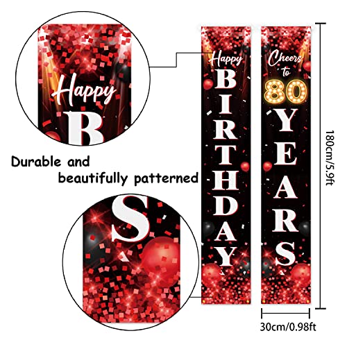 Happy 80th Birthday Porch Sign Door Banner Decor Red and Black – Glitter Cheers to 80 Years Old Birthday Party Theme Decorations for Men Women Supplies