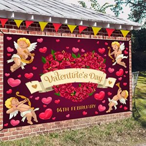 Happy Valentines Day Banner Backdrop Decoration, Valentine's Day Cupid Rose Heart Photo Background Banner, Valentines Banner Party Decorations Supplies