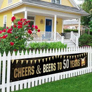 cheers &beers to 50 years banner, happy 50th lawn sign, 50th birthday wedding anniversary party porch sign, indoor outdoor backdrop 9.8 x 1.6 feet