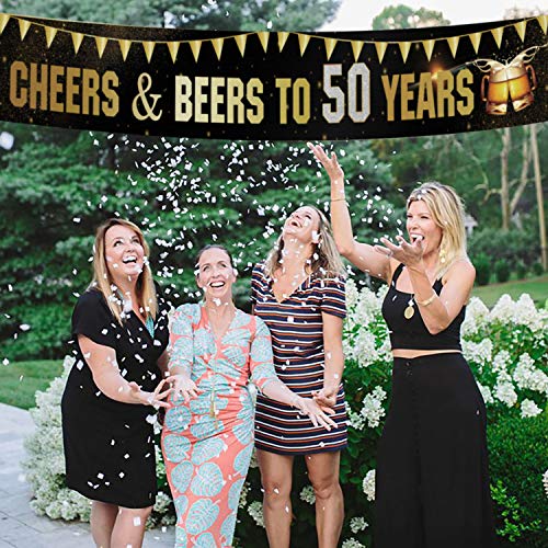 Cheers &Beers to 50 Years Banner, Happy 50th Lawn Sign, 50th Birthday Wedding Anniversary Party Porch Sign, Indoor Outdoor Backdrop 9.8 X 1.6 Feet