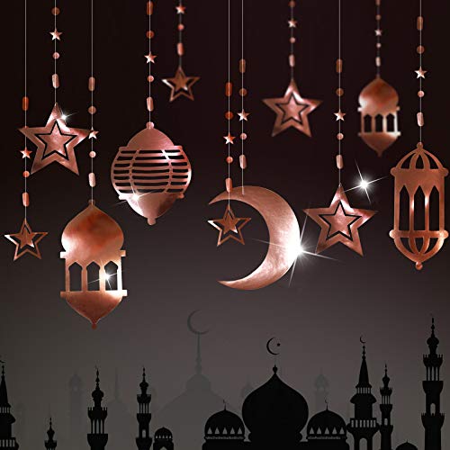 16pcs Shinny Islamic Rose Gold Star Crescent Moon Lantern Ramadan Garland EID Decoration Home Happy Ramadan Mubarak Party Decor Hanging Streamer Wedding Backdrop Banner Aladdin Birthday Party Supplies