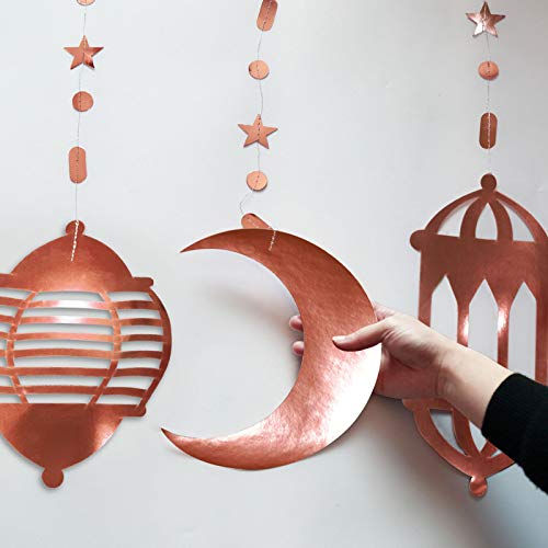 16pcs Shinny Islamic Rose Gold Star Crescent Moon Lantern Ramadan Garland EID Decoration Home Happy Ramadan Mubarak Party Decor Hanging Streamer Wedding Backdrop Banner Aladdin Birthday Party Supplies