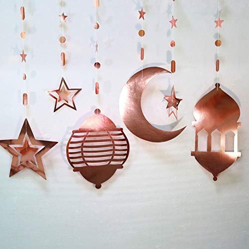 16pcs Shinny Islamic Rose Gold Star Crescent Moon Lantern Ramadan Garland EID Decoration Home Happy Ramadan Mubarak Party Decor Hanging Streamer Wedding Backdrop Banner Aladdin Birthday Party Supplies