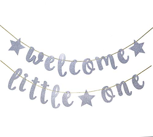 Welcome Little One Glitter Banner, Baby Shower, Gender Reveal Party, Glitter Party Decor (Silver)